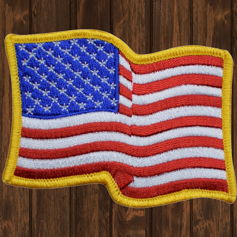 American Flag Embroidered Patch, Wavy, Gold — Iron On | Paddy's Patches